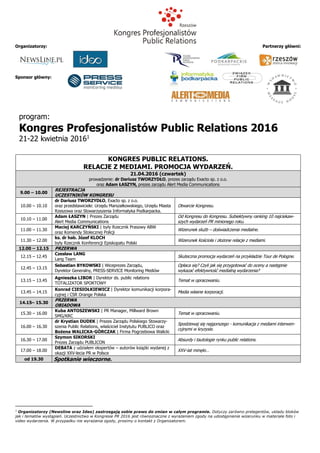 Program Kongresu Profesjonalistów Public Relations 2016 w Rzeszowie | PDF