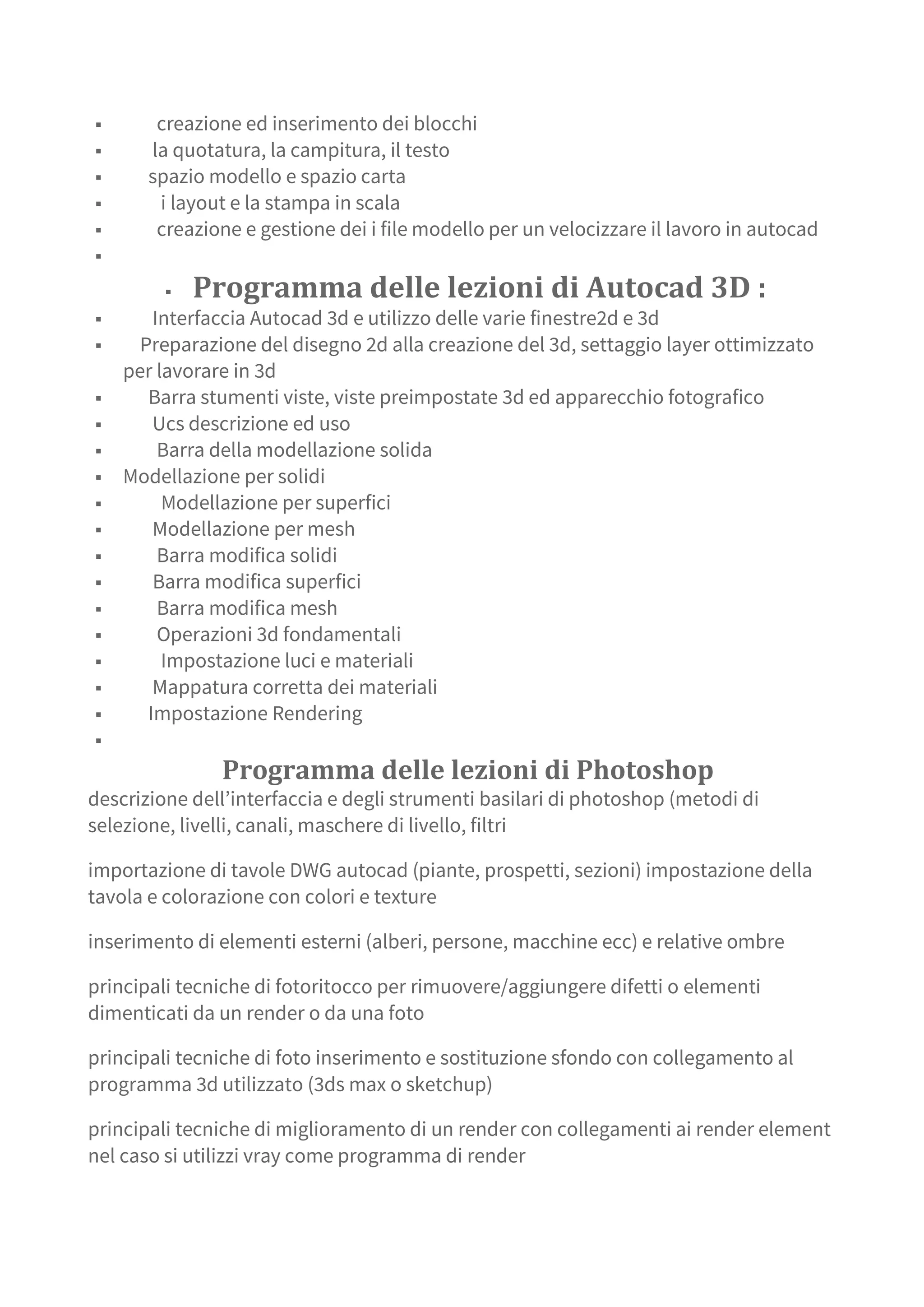 Programma dei corsi di modellazione 3d | PDF