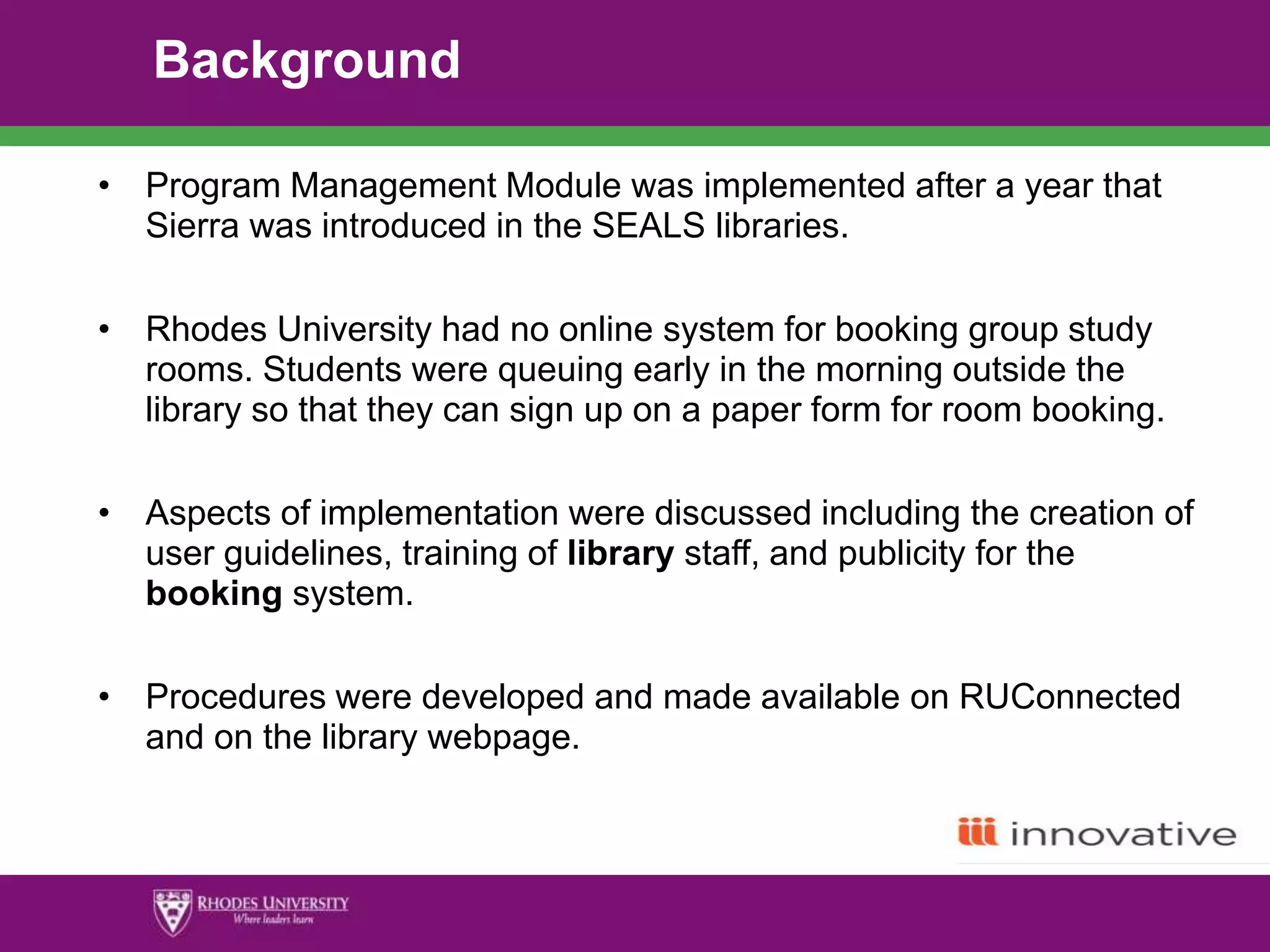 Program Registration Innovative Sierra Module - Rhodes University ...