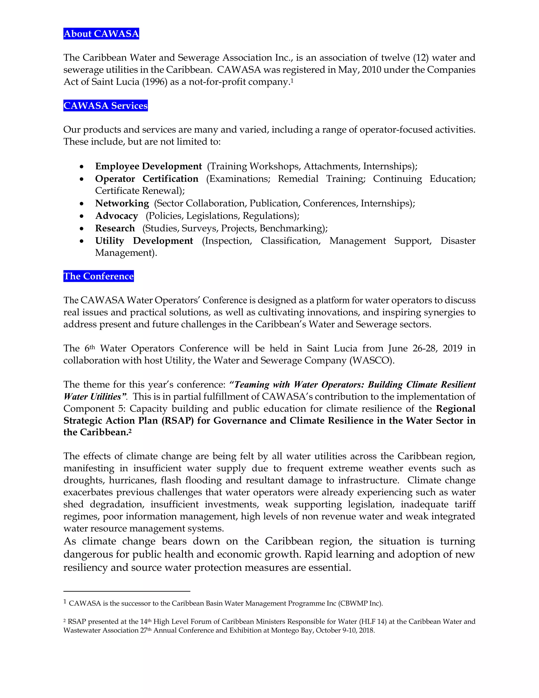 6th Caribbean Water Operators Conference 2019 - Programme of Activities ...