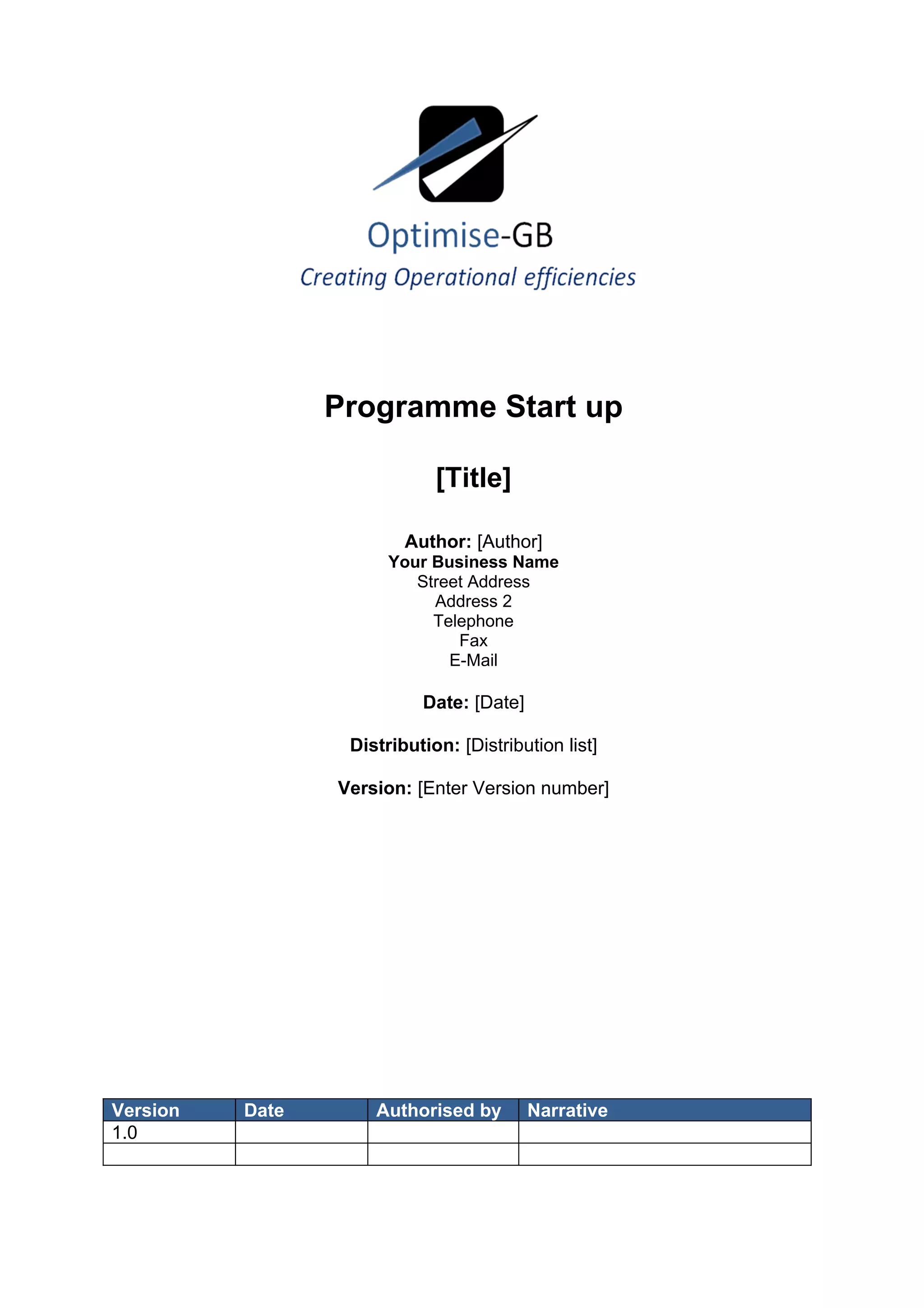 Programme start up document - Optimised Programme Methodology | DOC
