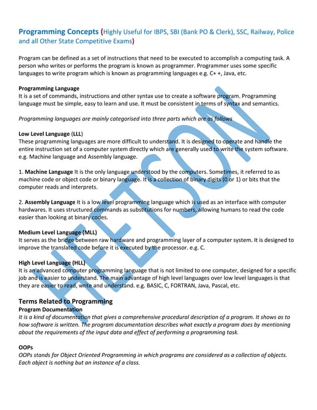 Programming Concepts Questions and answers | PDF