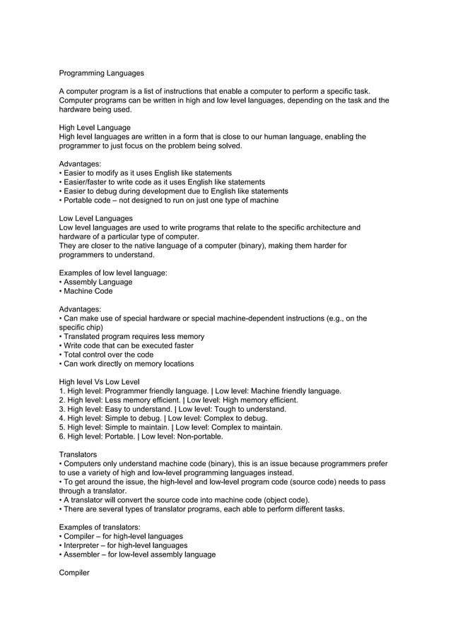 Programming_Languages_Notes: types of programming language | PDF