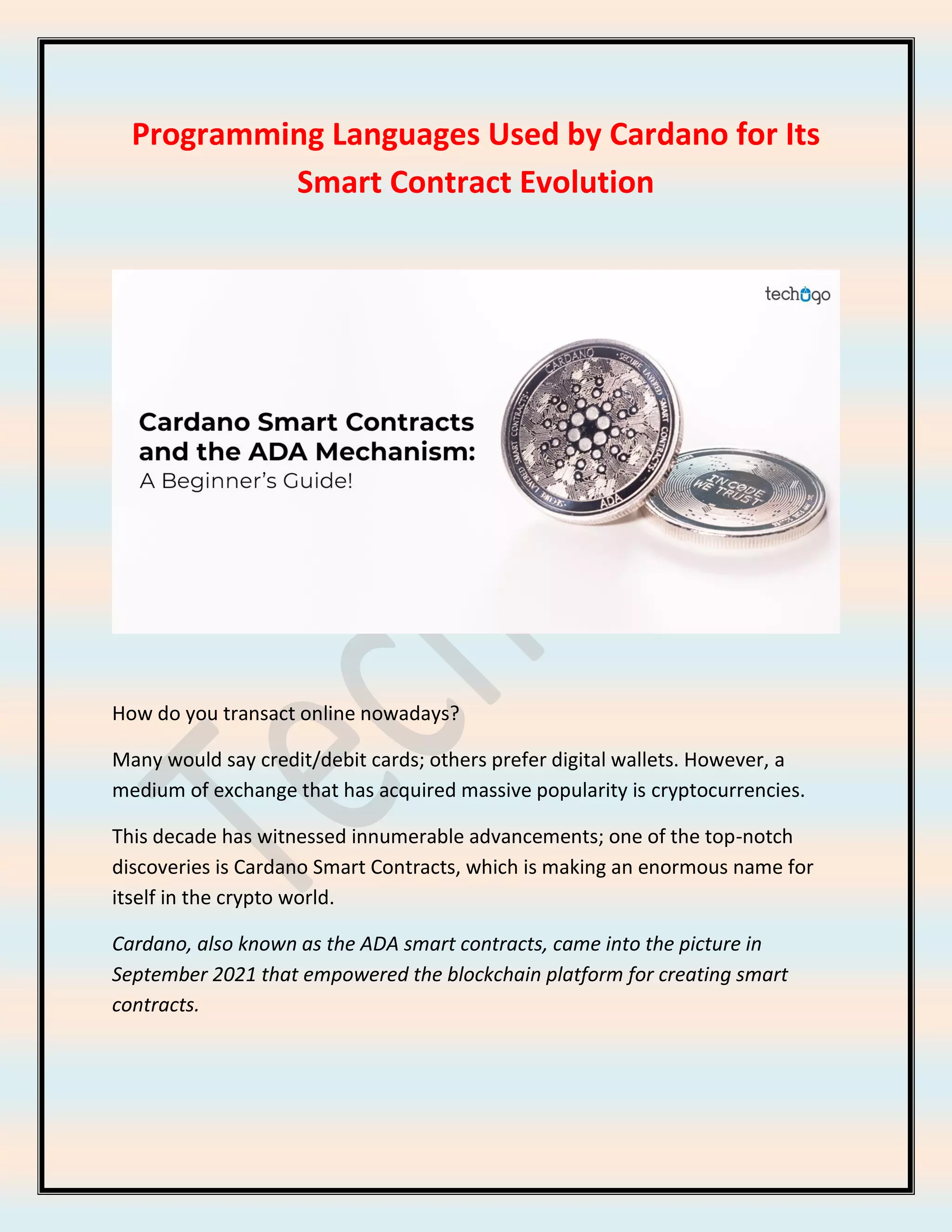 Programming Languages Used by Cardano for Its Smart Contract Evolution. | PDF