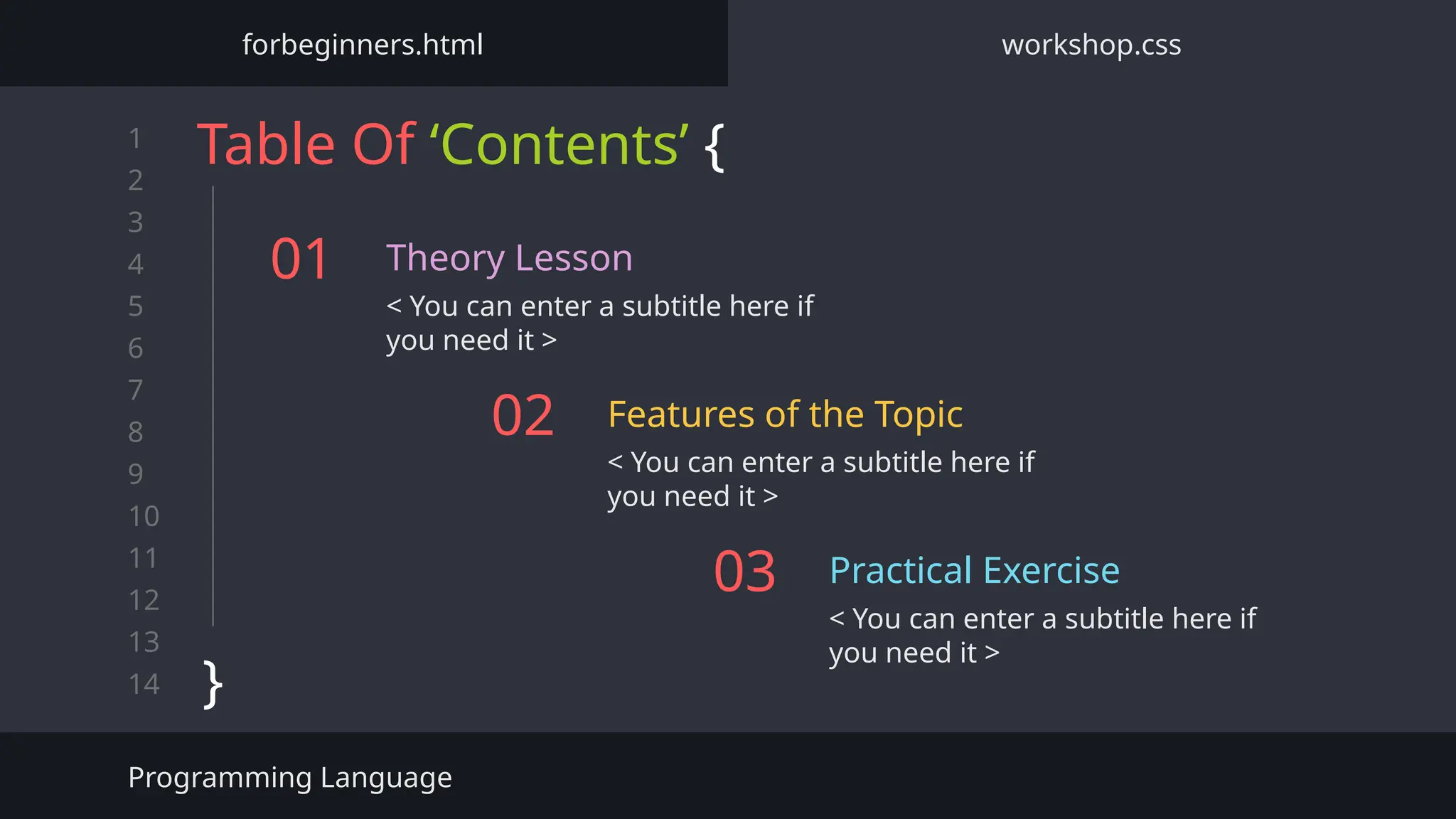 Programming Language Workshop for Beginners by Slidesgo.pptx | Web Design and HTML | Internet