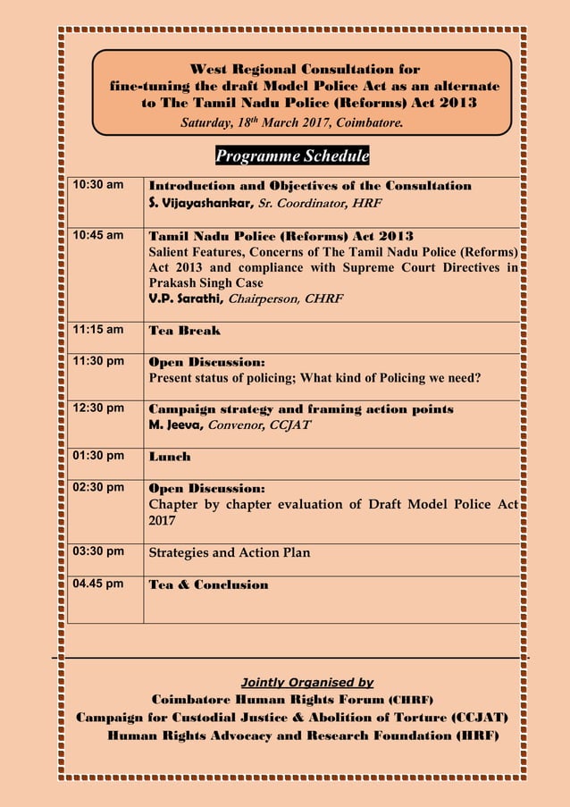 Programme schedule for today's consultation of TN Police Reforms Act | PDF