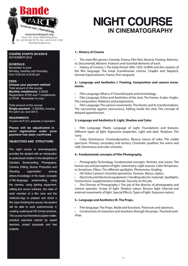 Night course in Cinematography Program 2016/2017 | PDF