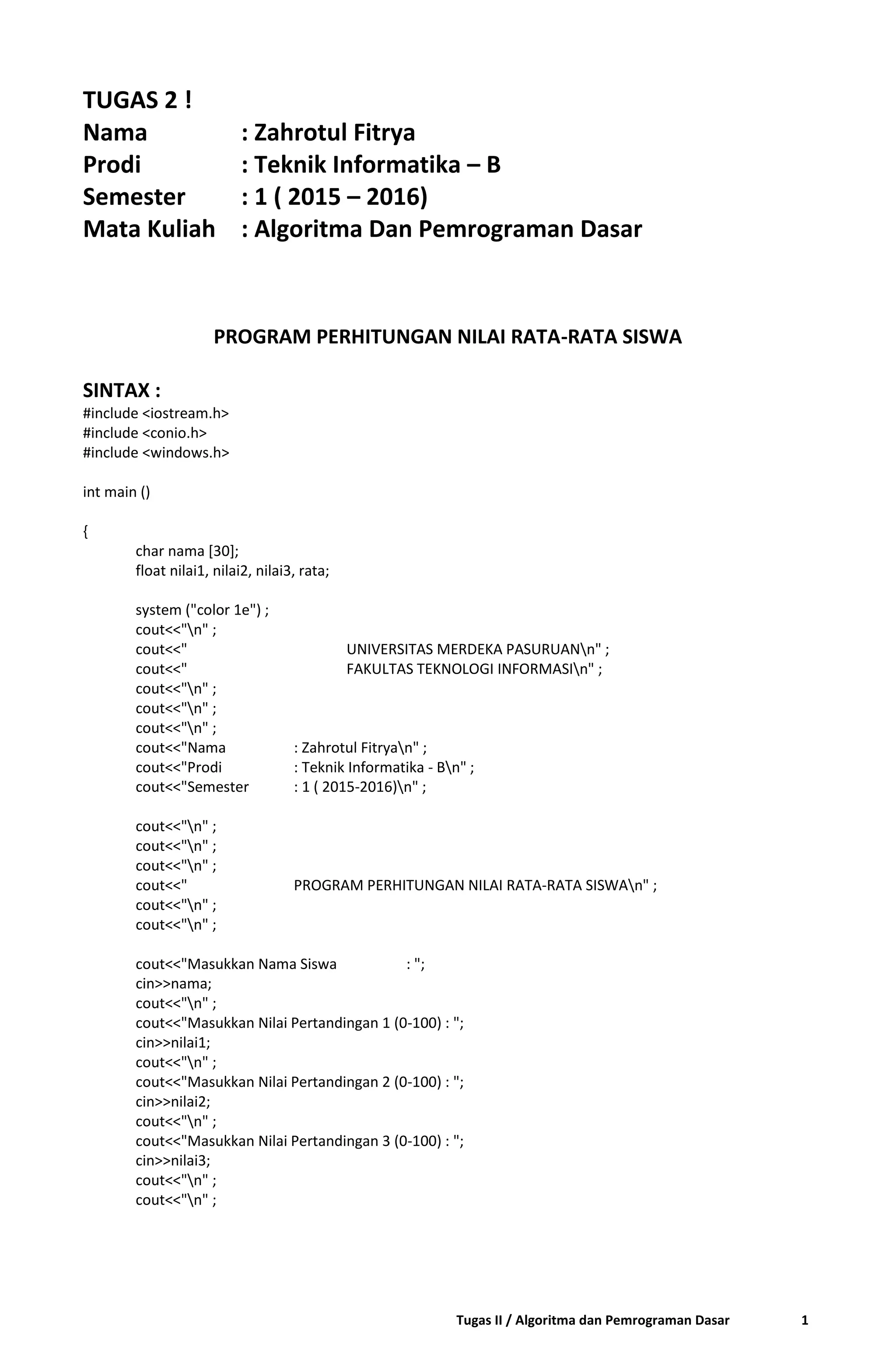 C++ Program nilai akhir dan rata rata siswa ( zahrotul fitrya ti-b ) | PDF
