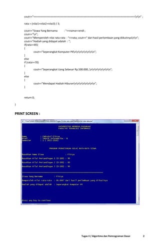 C++ Program nilai akhir dan rata rata siswa ( zahrotul fitrya ti-b ) | PDF