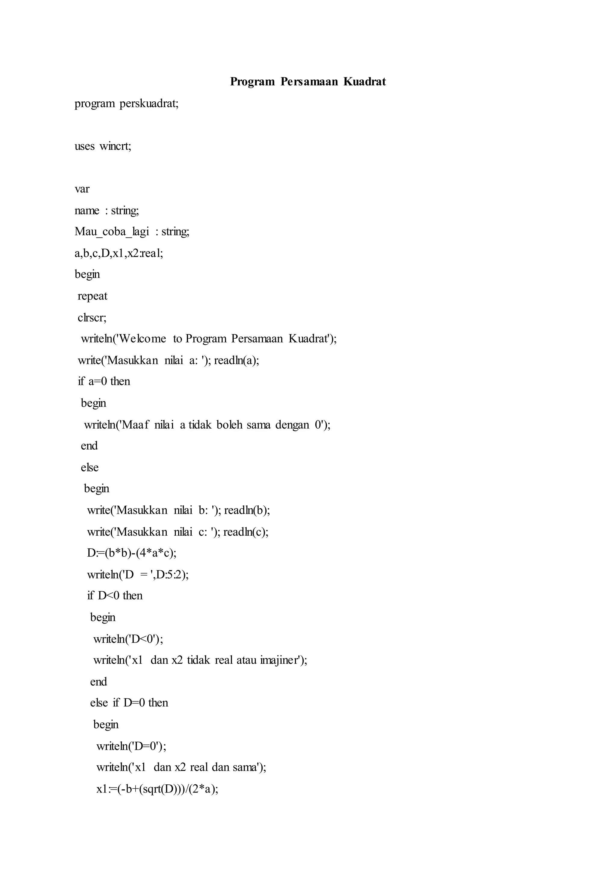 Program persamaan kuadrat | PDF