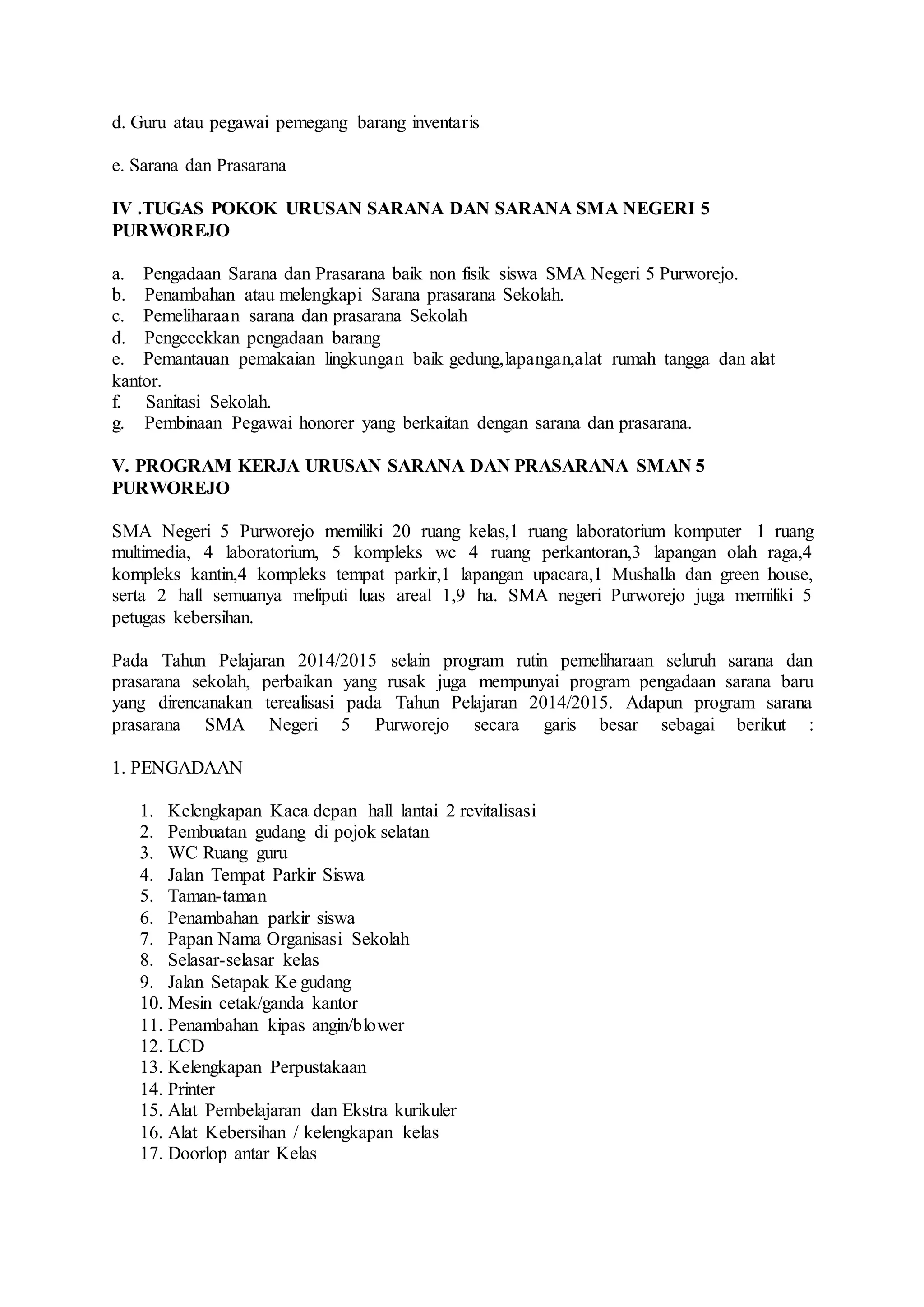 Program sarana dan prasarana sma purworejo | DOCX