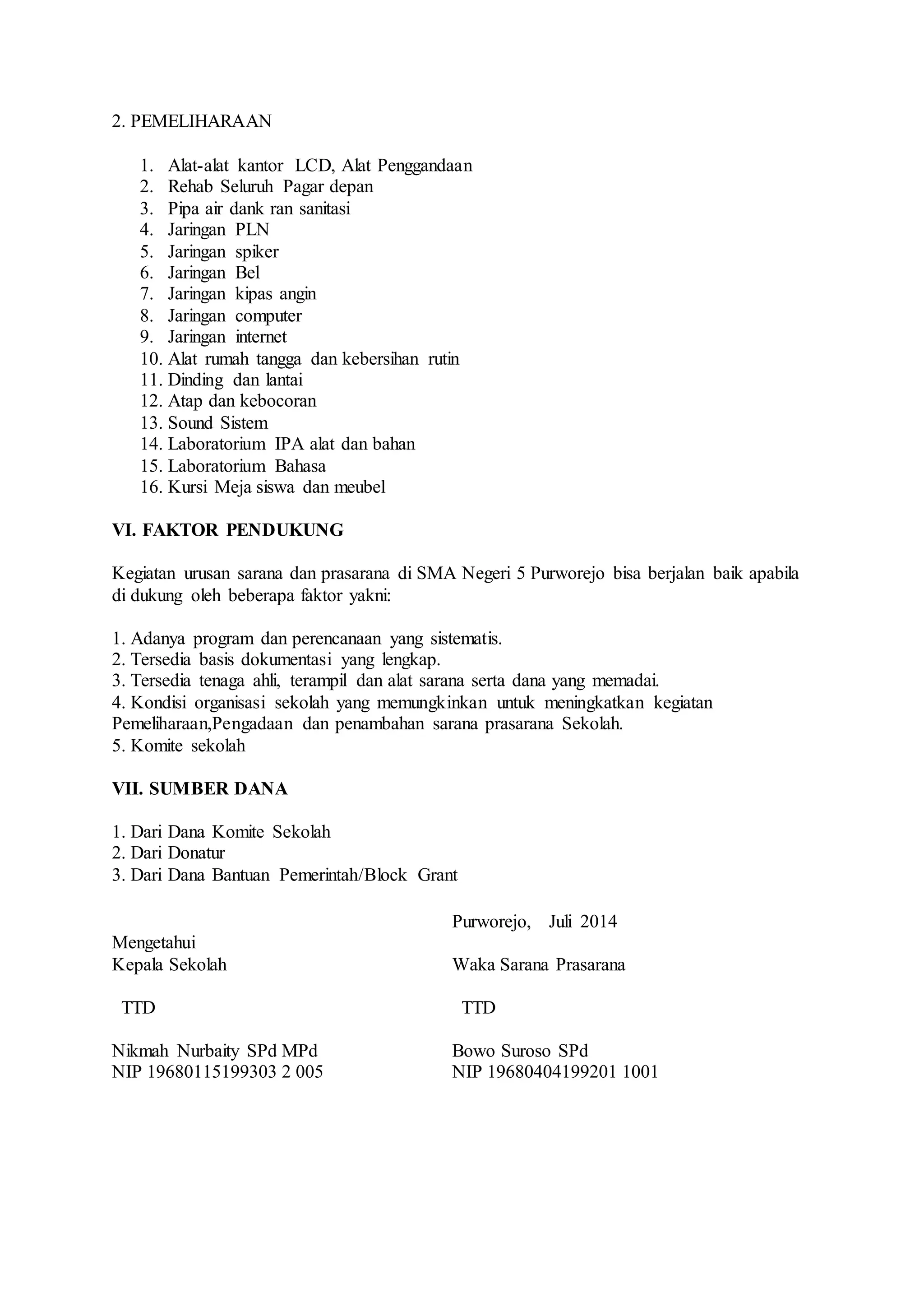 Program sarana dan prasarana sma purworejo | DOCX