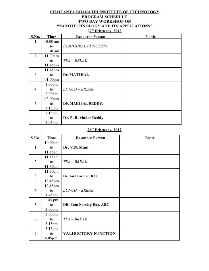 Program schedule of Nanotechnology workshop Program schedule of Nanotechnology workshop
