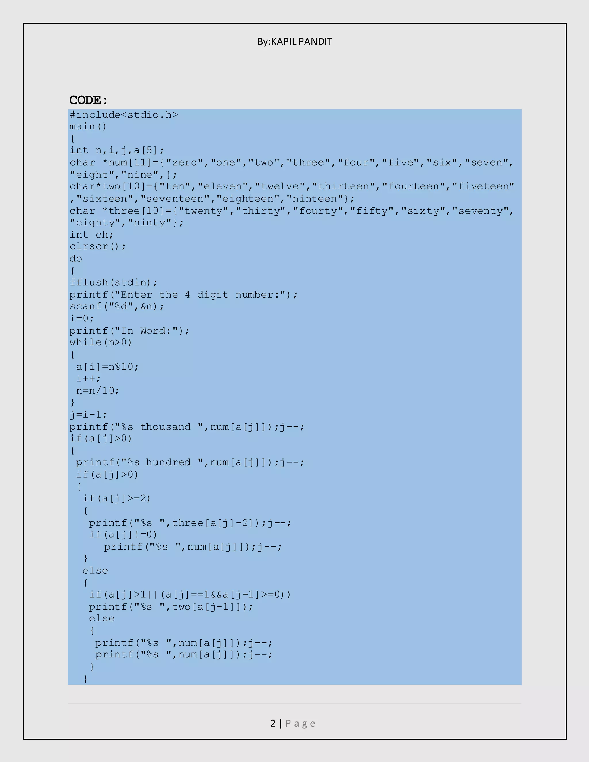 Program to convert 4 digit integer number and display | PDF Program to convert 4 digit integer number and display | PDF