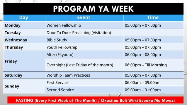 Program ya week. - Faith Remnant Church Ugandapptx | PPT