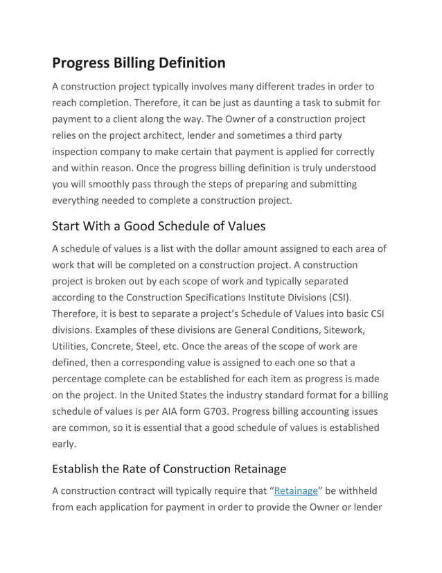 Progress billing definition | DOC | Civil Engineering Industry | Industries