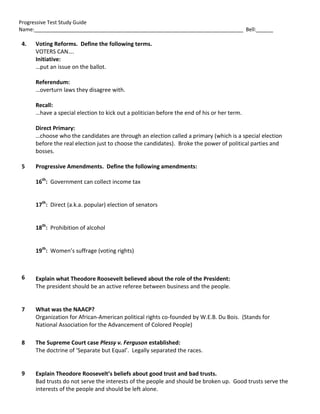 Progressive study guide with answers | DOCX | Elections | Politics