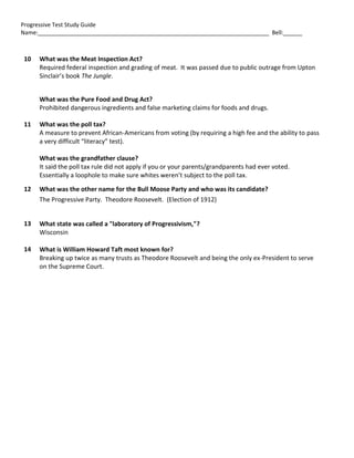 Progressive study guide with answers | DOCX | Elections | Politics
