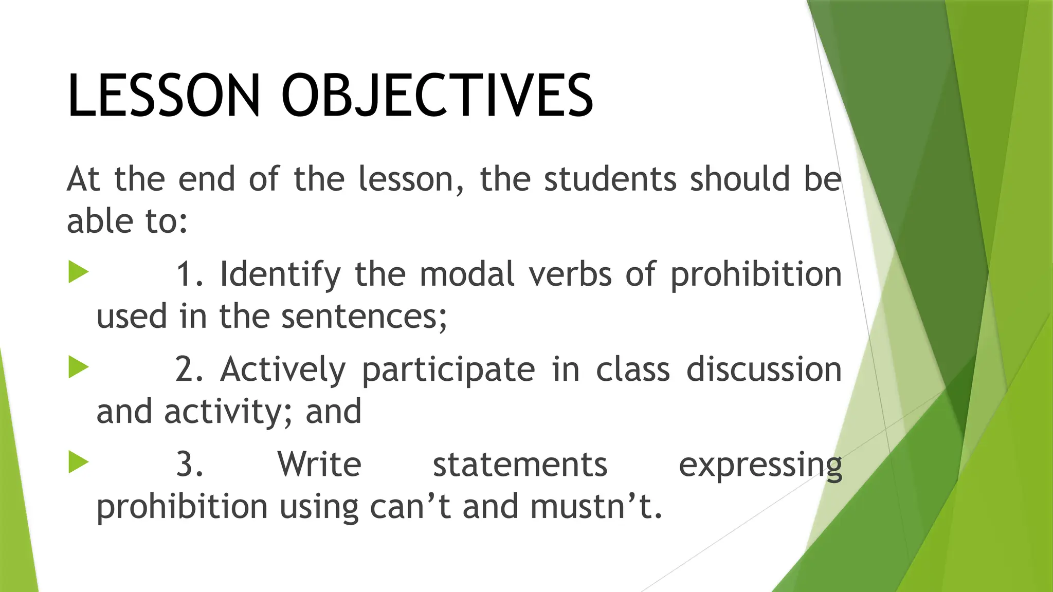 Modals of Prohibition (Lesson and activity) pptx | PPTX