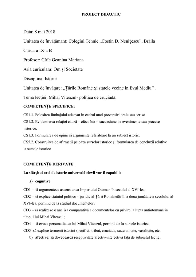 Proiect didactic-inspectie-mihai-viteazul.doc clasa a i xa b | DOC