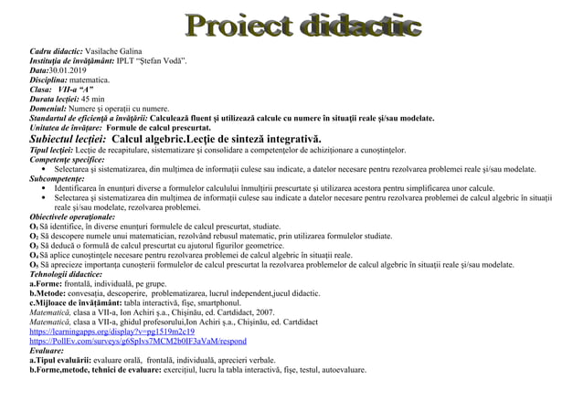 proiect-model.Proiect didactic la matematică, Calcul algebric.doc