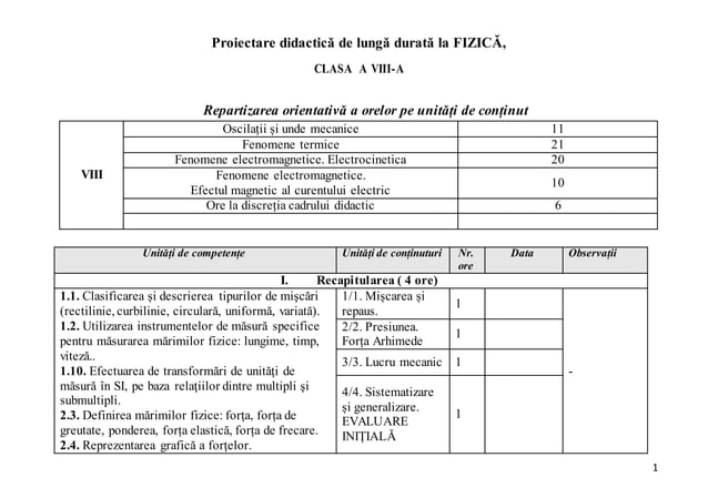 Proiectare didactică de lungă durată la fizică | DOCX