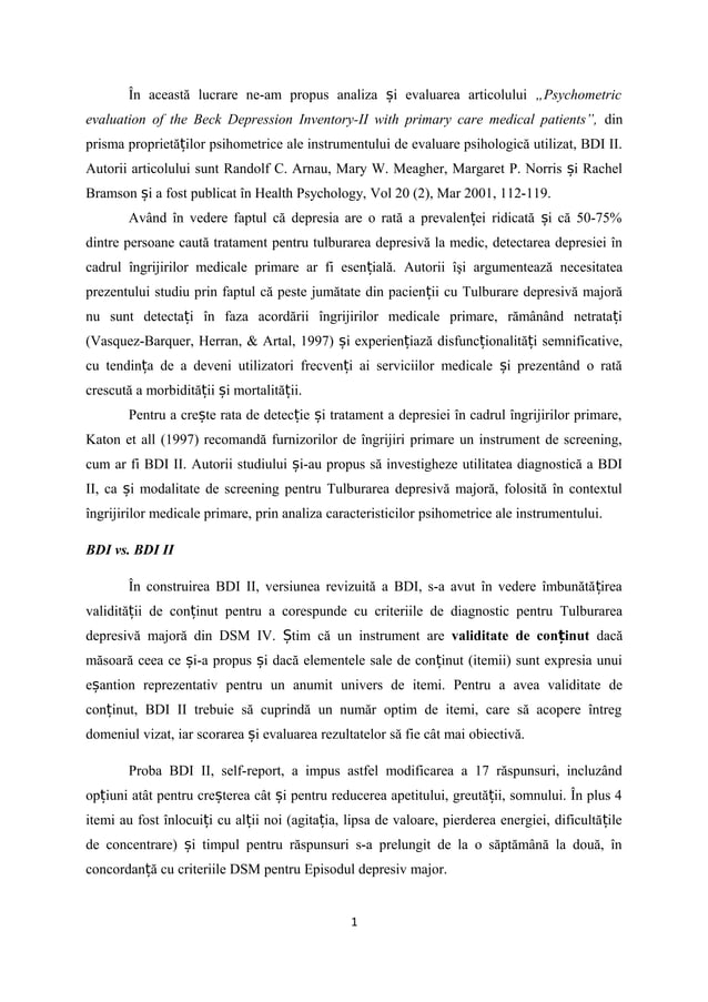 Proiect bdi ii utilitatea BDI II | PDF