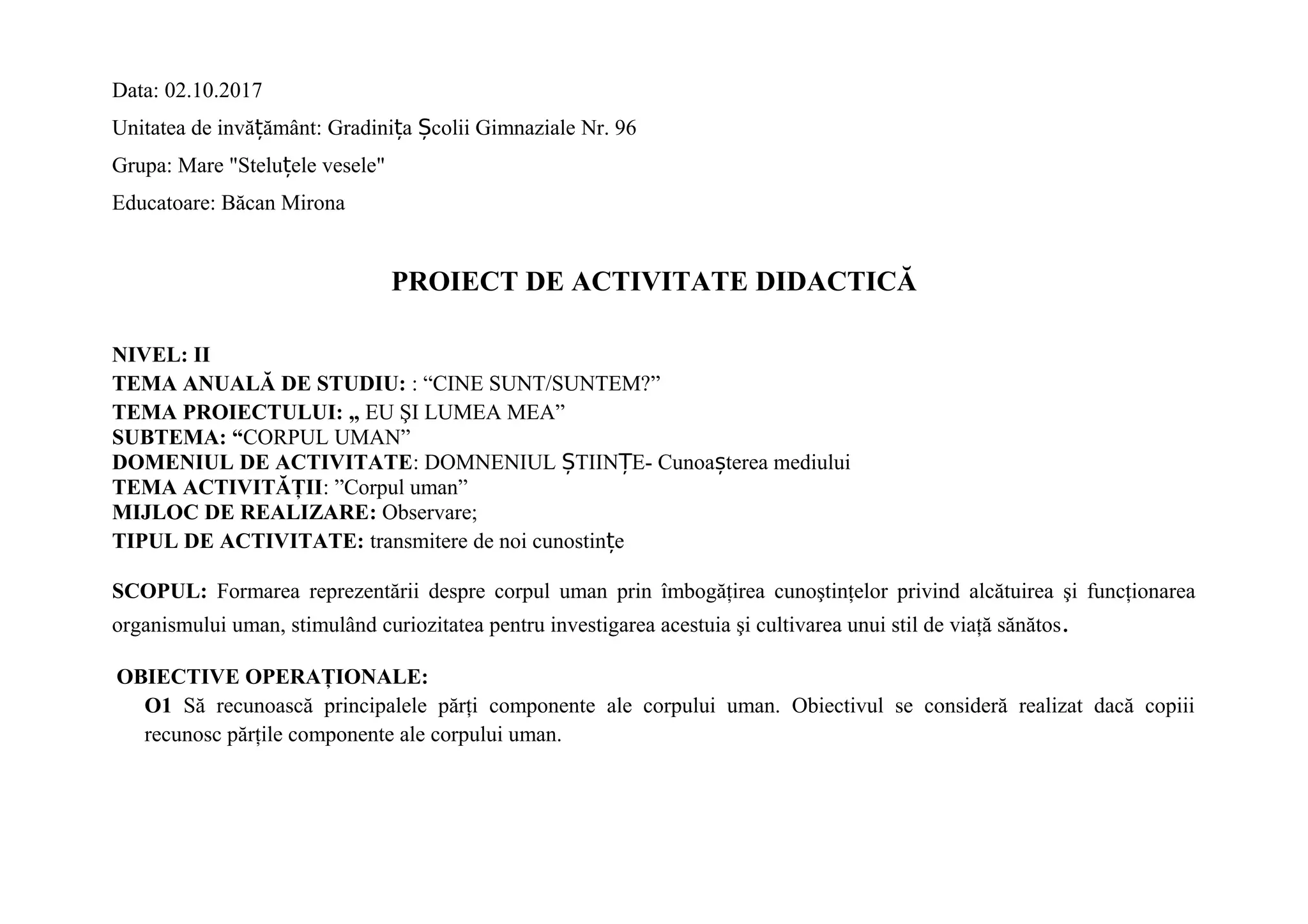 Proiect cun mediului corpul uman | DOC
