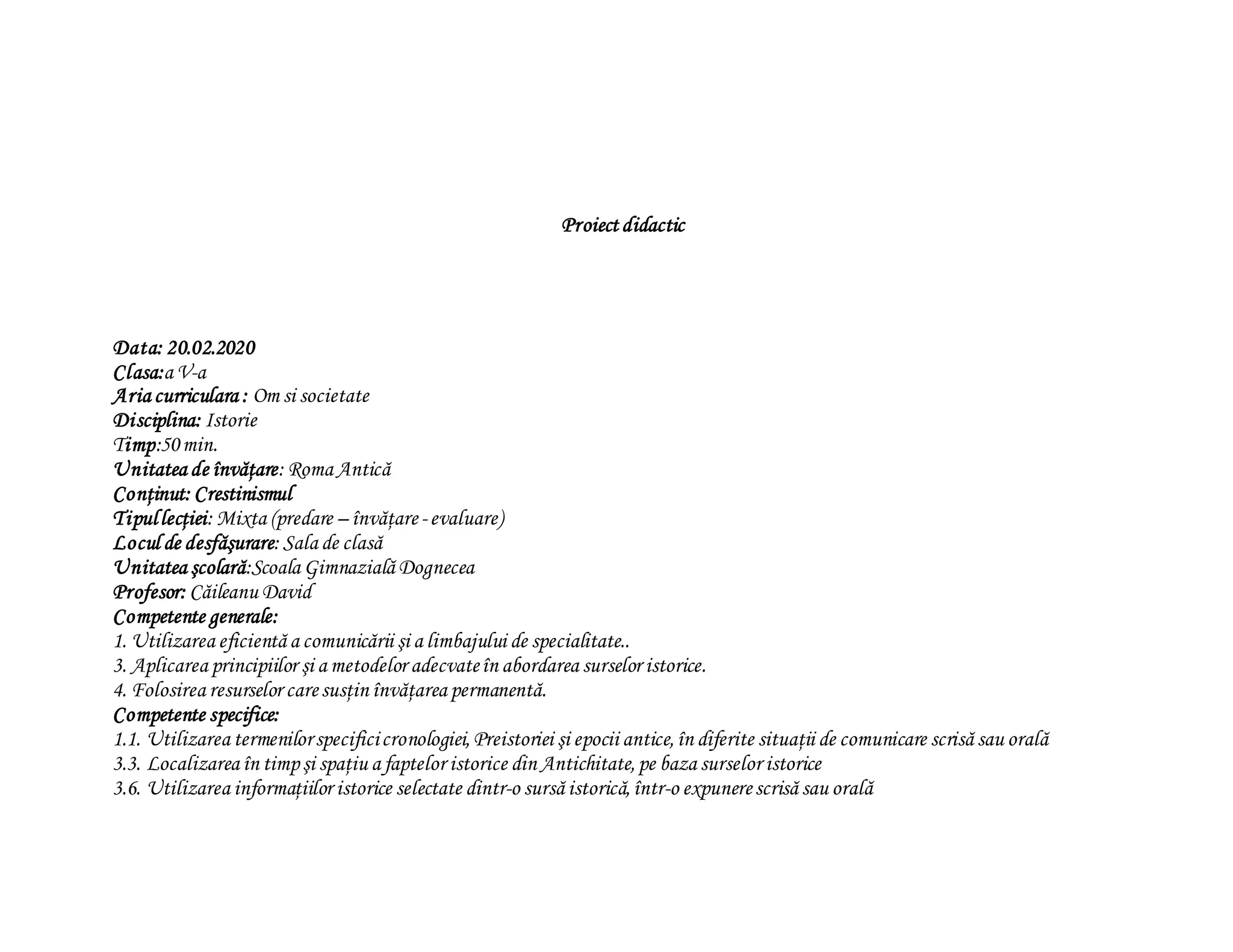 Proiect de lectie Istorie | DOC
