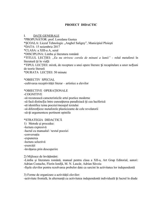 Proiect didactic | PDF