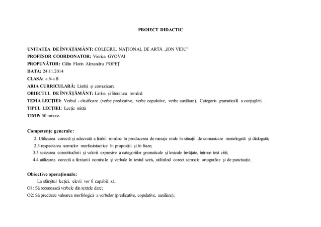 Proiect didactic verbul - cls. a VI-a | DOCX