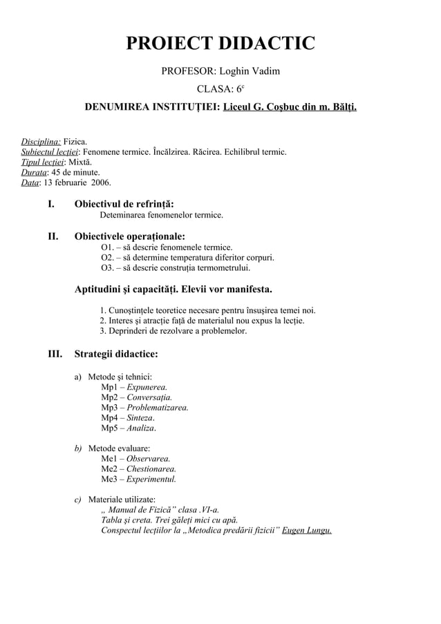 Proiect didactic 6c(dilatarea solidelor) | PDF