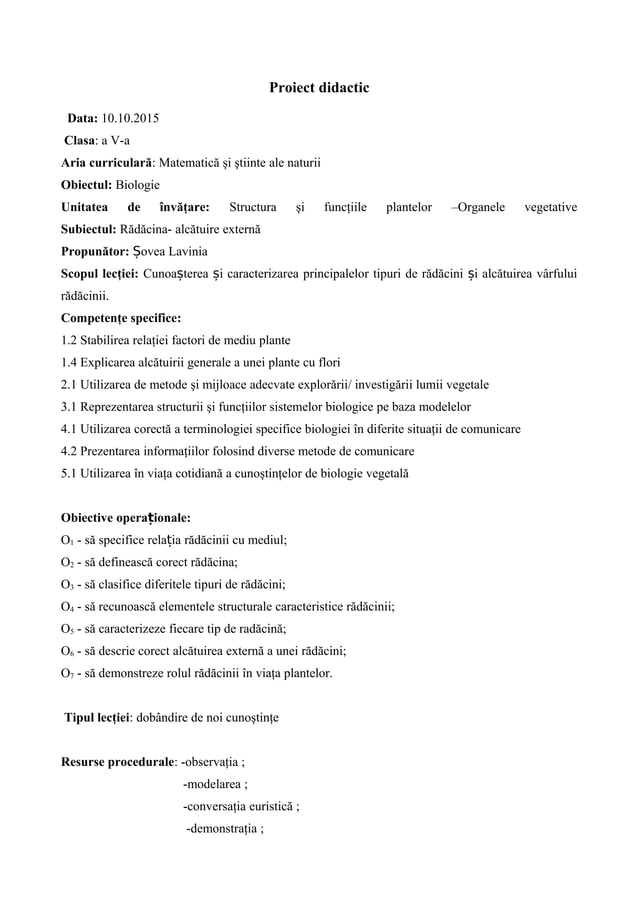 Proiect didactic clasa a 5a radacina sovea lavinia | DOC