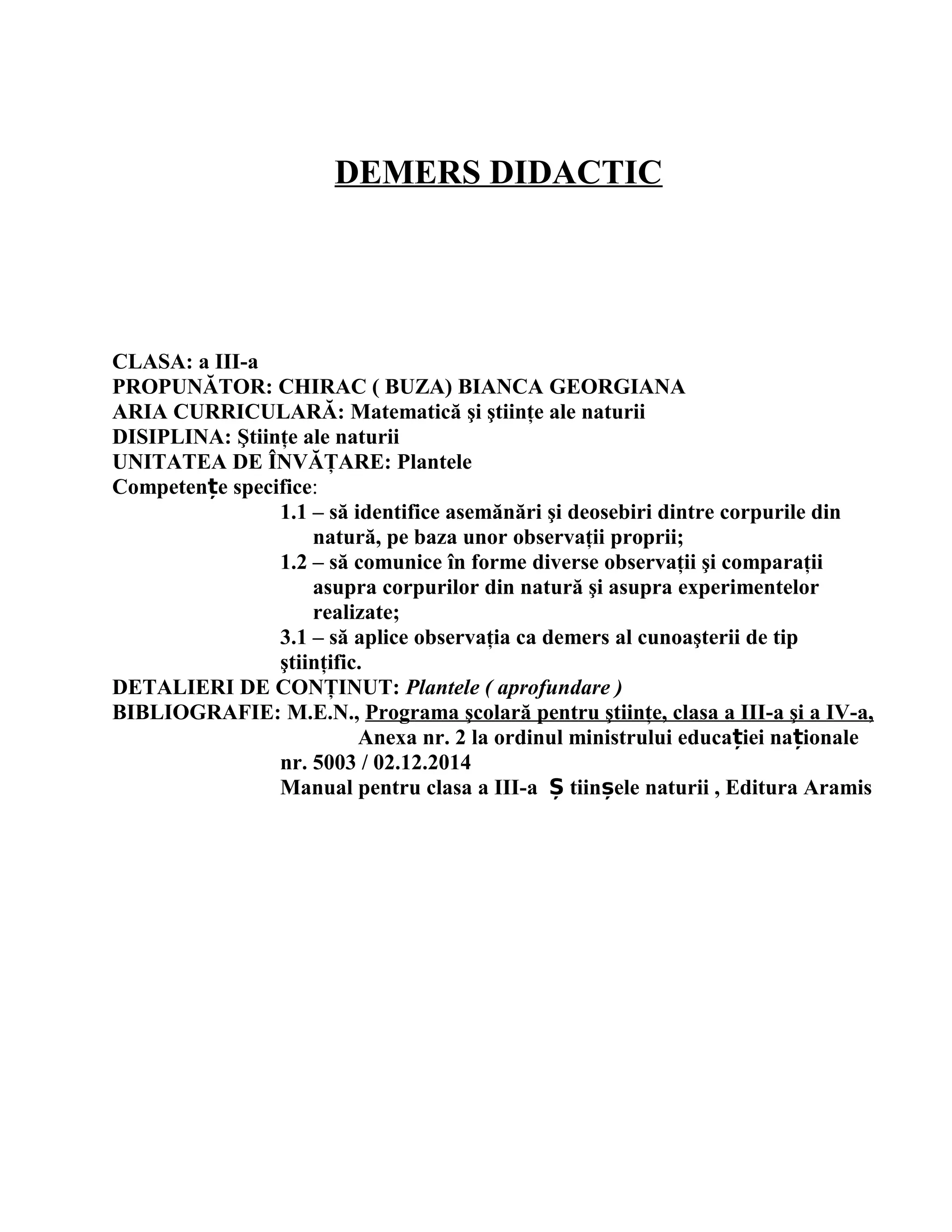 Proiect didactic plantele | DOC