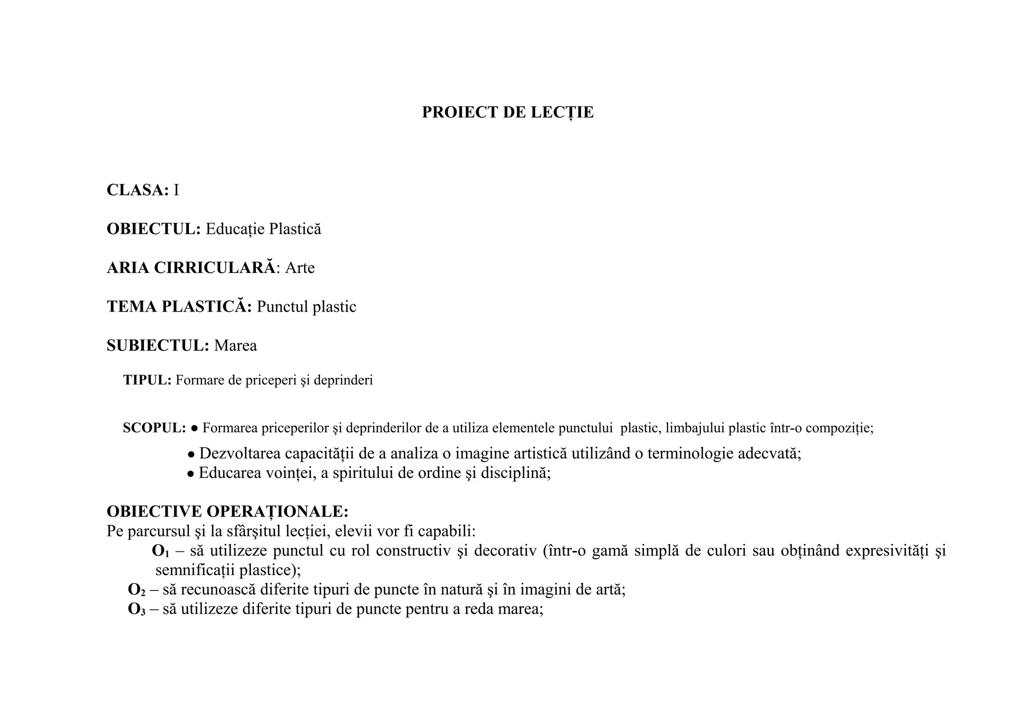 Proiect educatie plastica clasa i punctul | DOC
