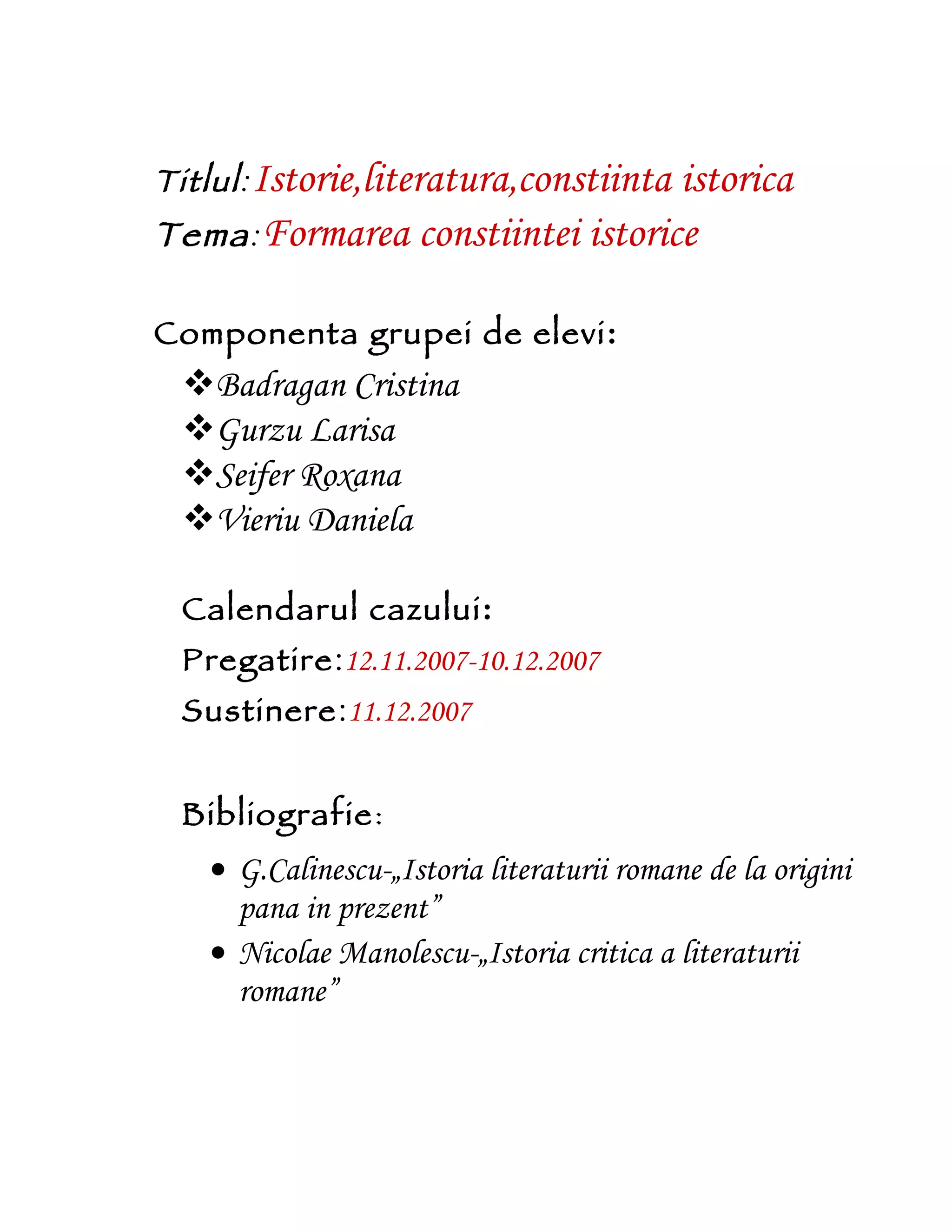 Proiect Formarea Constiintei Istorice | DOC