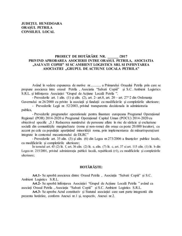 Proiect hcl infiintare gal + act constitutiv , statut | PDF