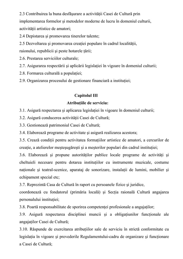 Proiect regulamentul cadru al Caselor de Cultura din R.Moldova | DOC