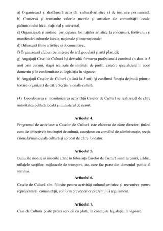 Proiect regulamentul cadru al Caselor de Cultura din R.Moldova | DOC
