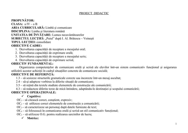 Proiect romana puiul | DOC