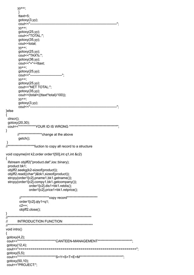 CANTEEN MANAGEMENT SYSTEM IN C++ | DOC | Programming Languages | Computing