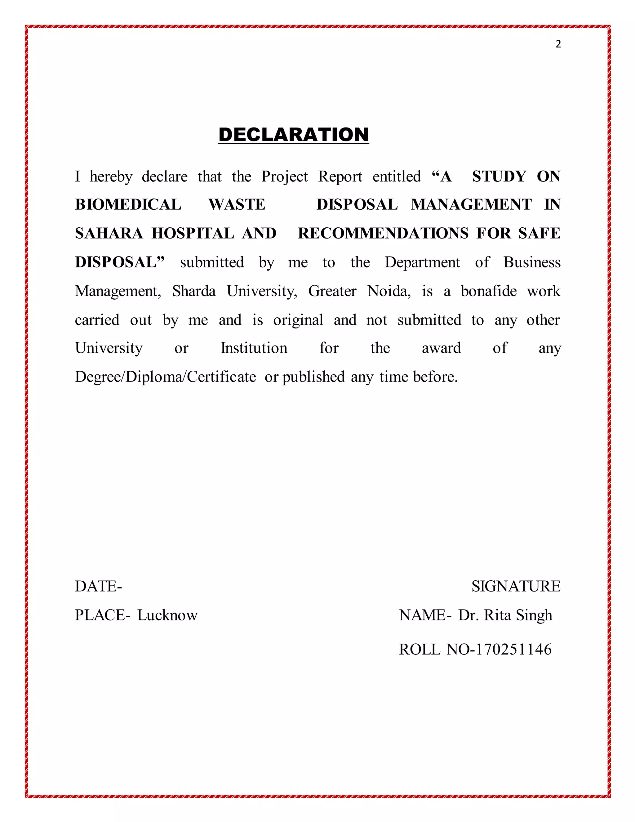 Study on Biomedical waste disposal Management | DOCX