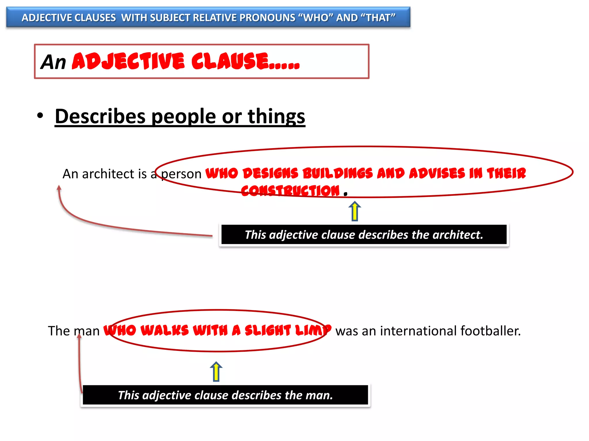 Project adjective clauses with subject and objective relative pronouns ...