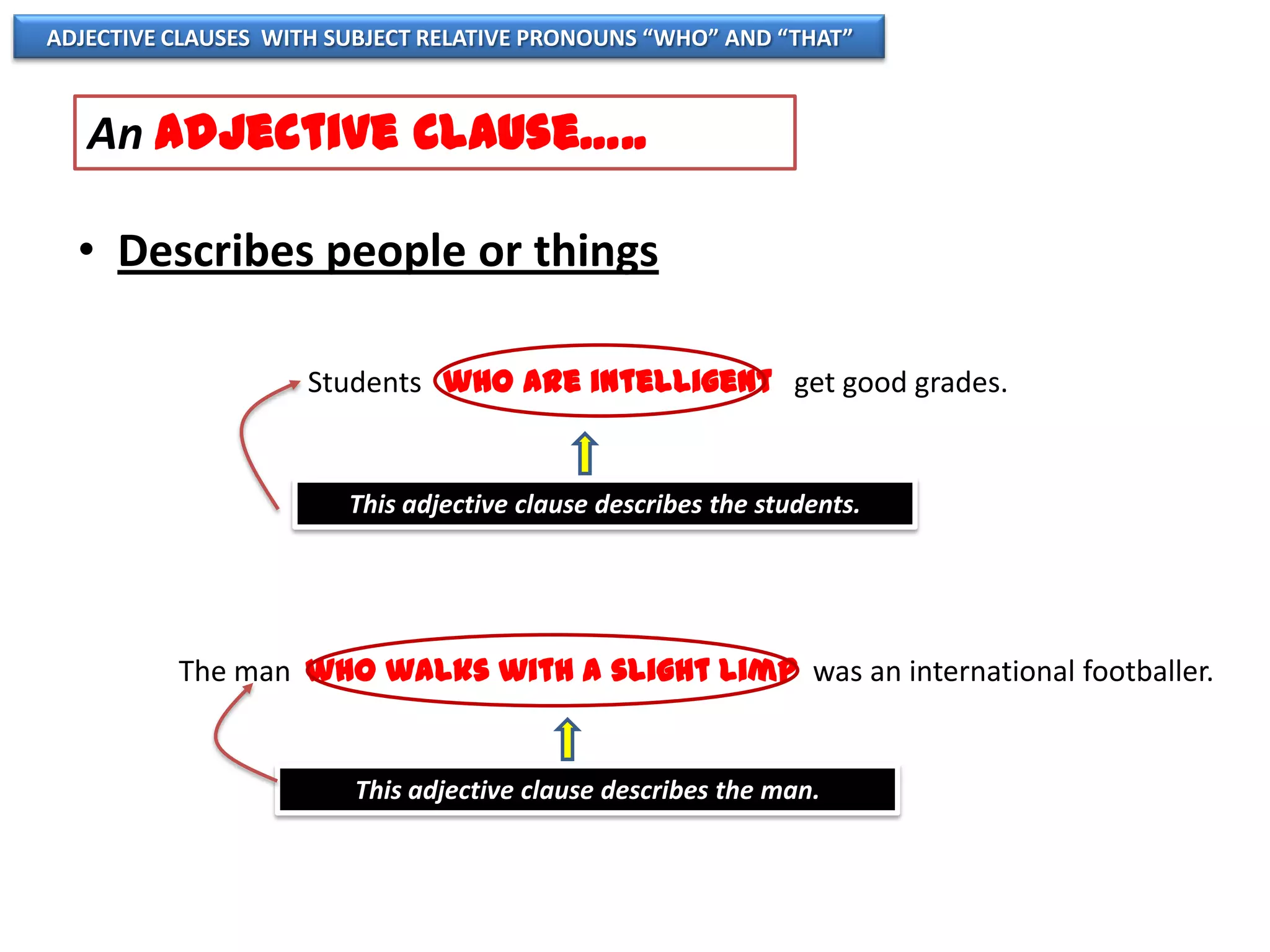 Project adjective clauses with subject and objective relative pronouns ...
