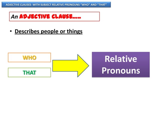 Project adjective clauses with subject and objective relative pronouns ...