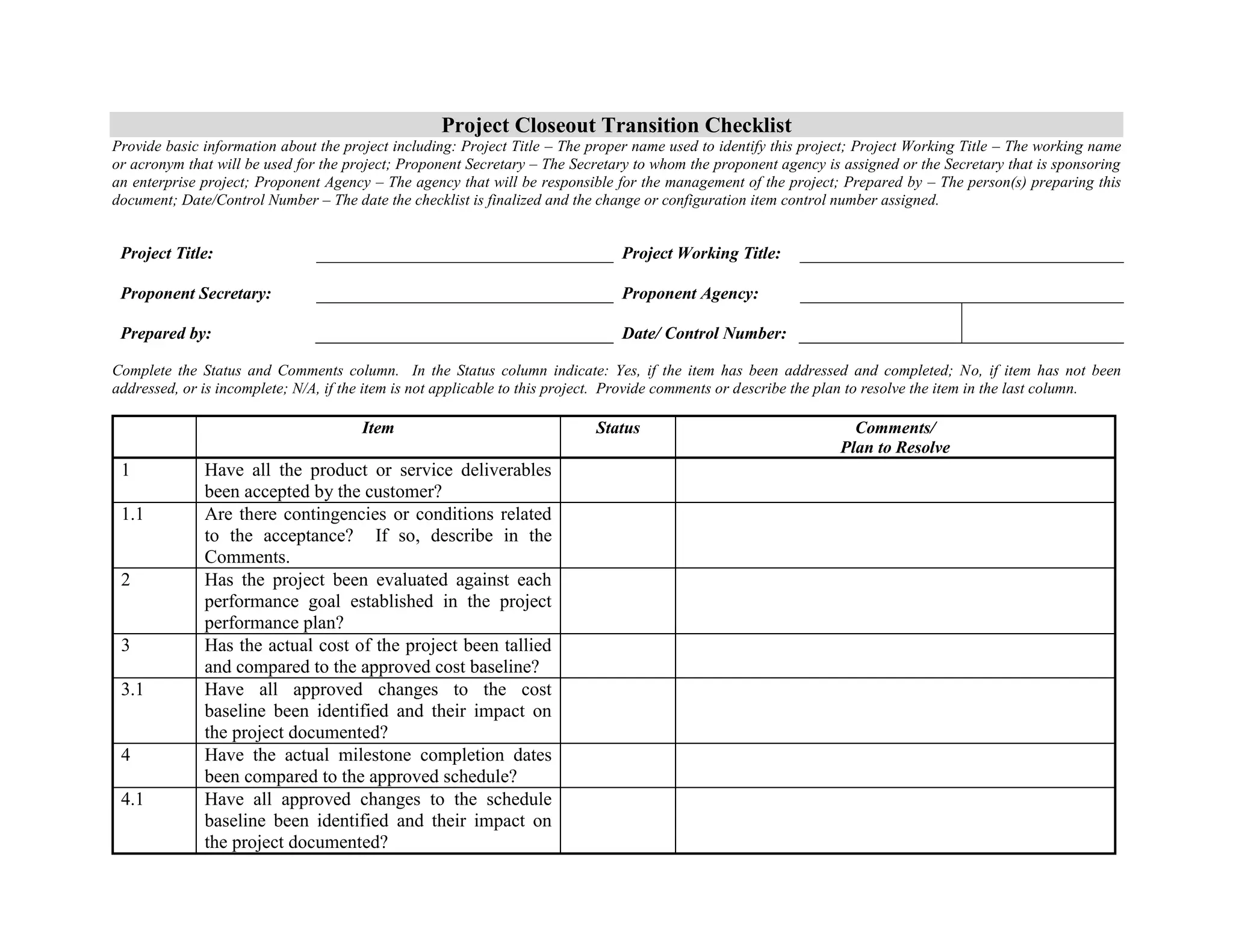 Project closeout transition checklist | PPT