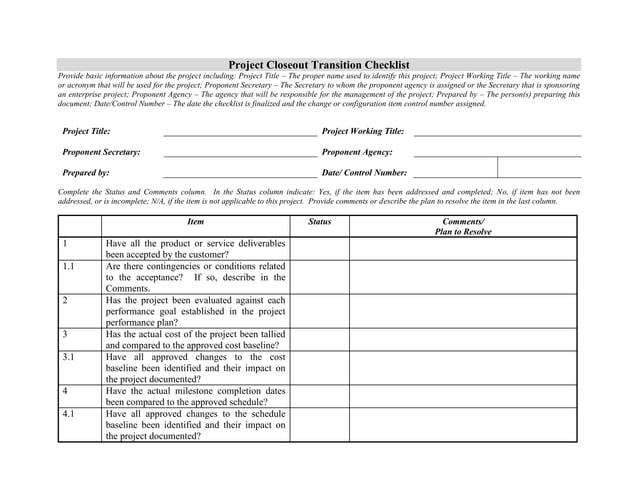 Project closeout transition checklist | PPT
