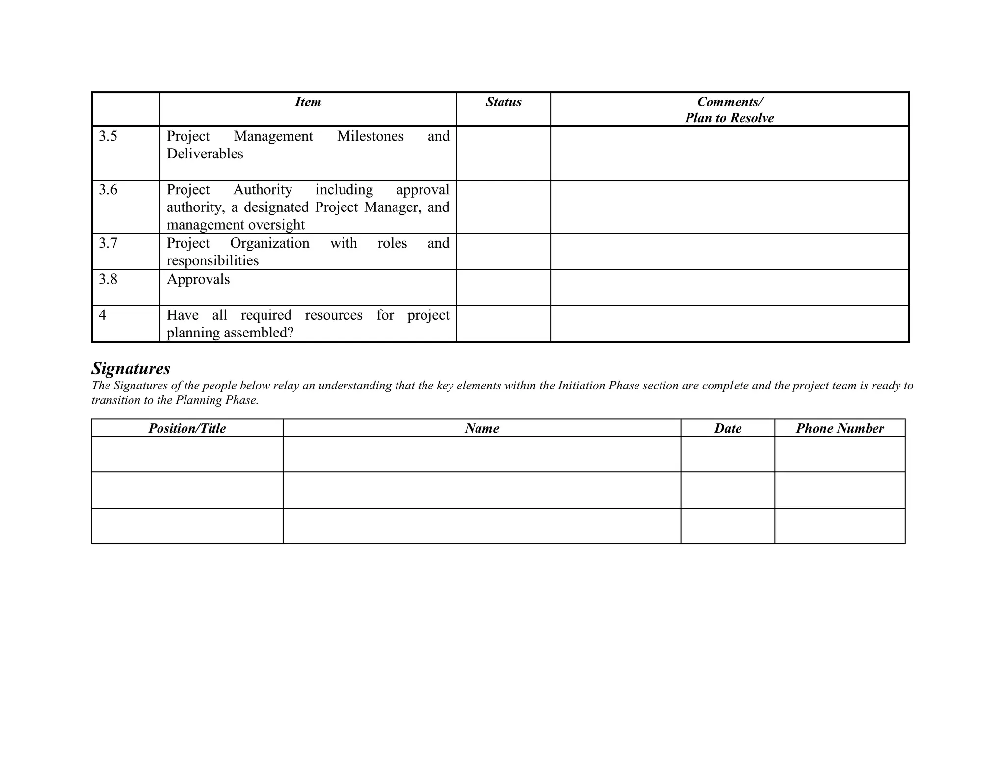 Project initiation transition checklist | DOC