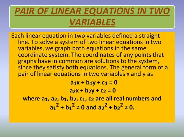 PROJECT (PPT) ON PAIR OF LINEAR EQUATIONS IN TWO VARIABLES - CLASS 10 | DOCX | Physics | Science