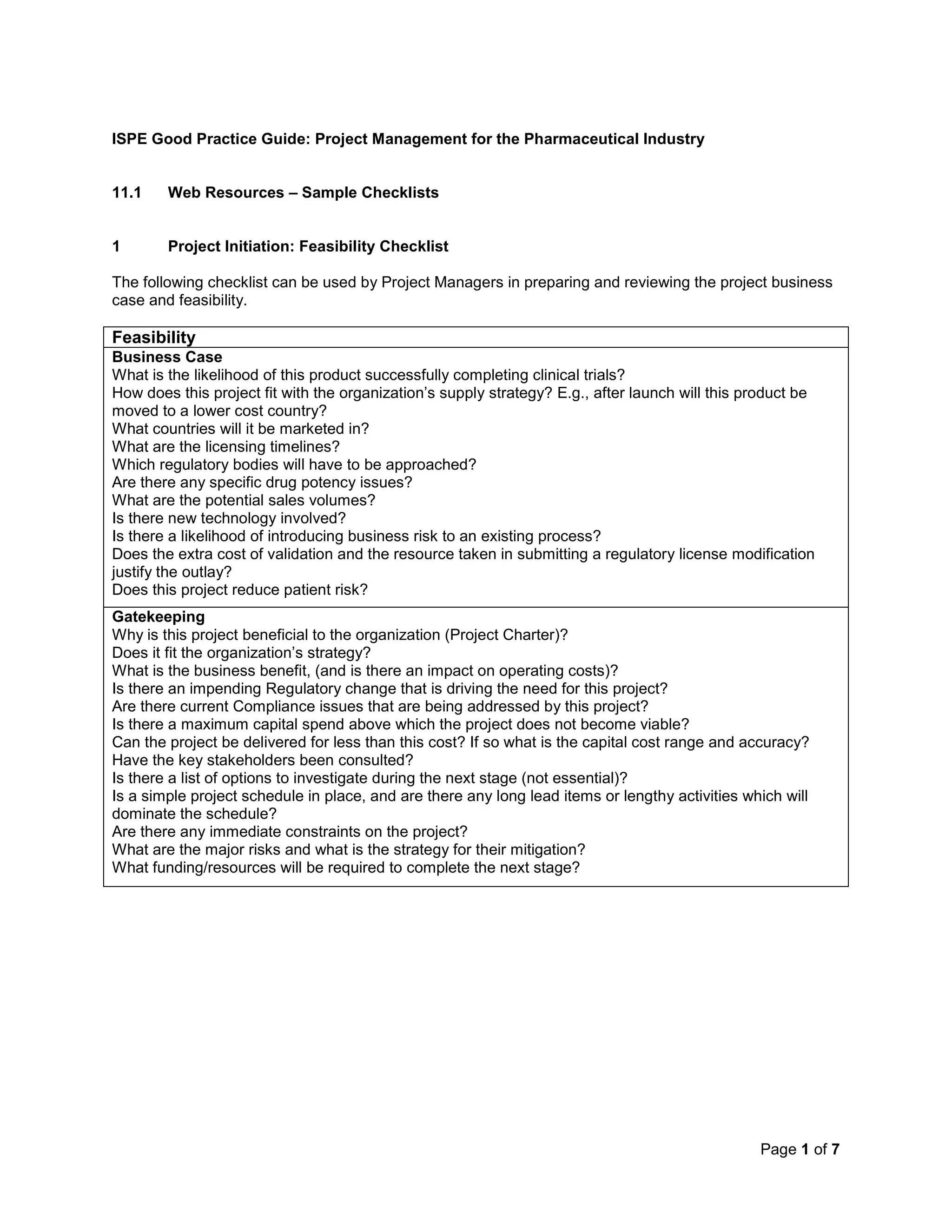 Pharmaceutical Project Management Checklist | PDF